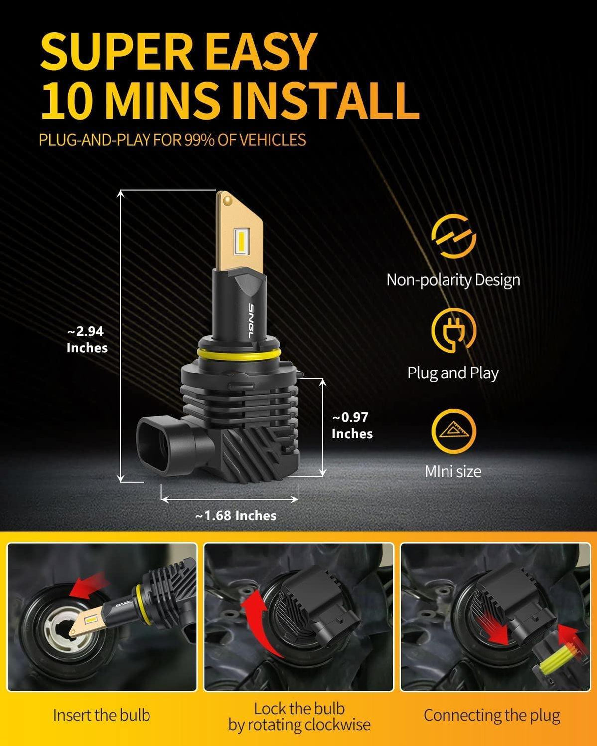 HB3 9005 Yellow LED Fog Light Bulbs or DRL 3000K Amber Fanless — SNGL ...